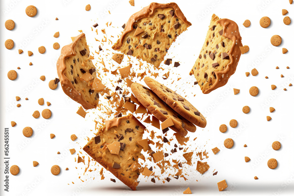 Broken chip cookies falling on white background with clipping path ...