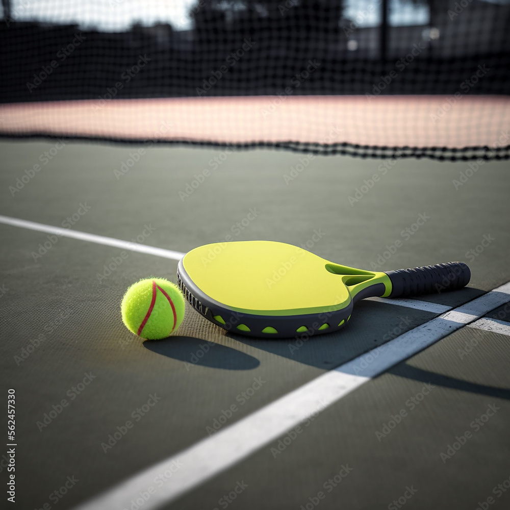 A pickleball racket and ball on the ground at the court. Ai generated ...