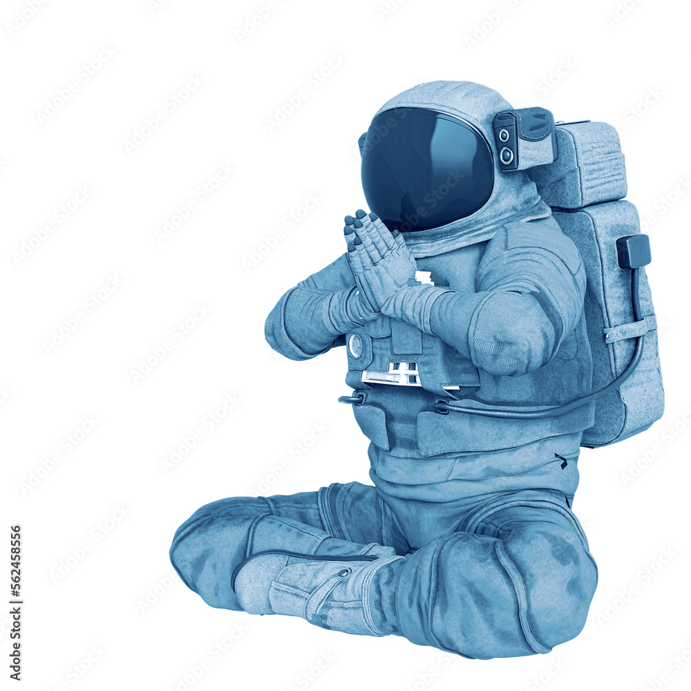 astronaut explorer is doing a prayer in meditation yoga pose on white ...