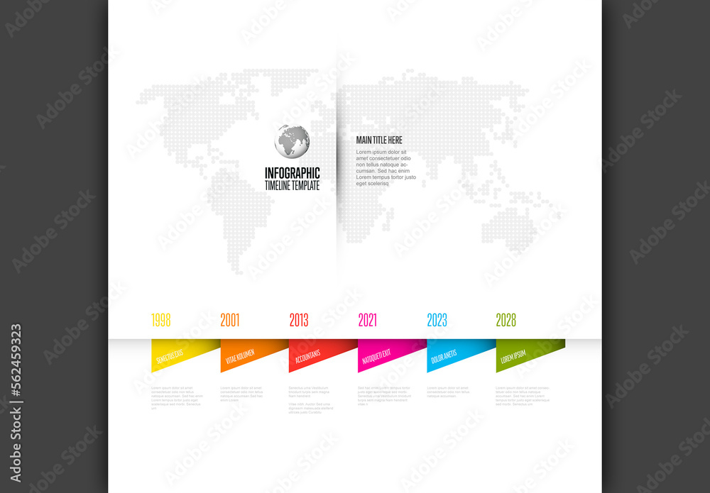 Simple horizontal timeline process infographic with triangle bookmarks ...