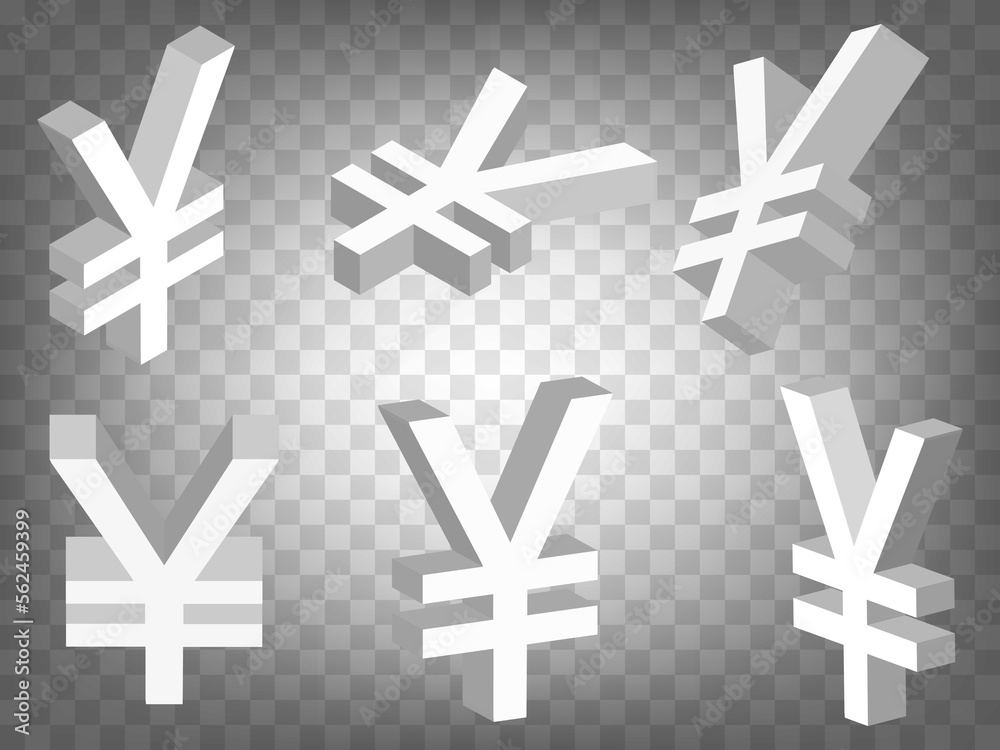 Set of perspective projections 3d Yen Sign model icons on transparent ...