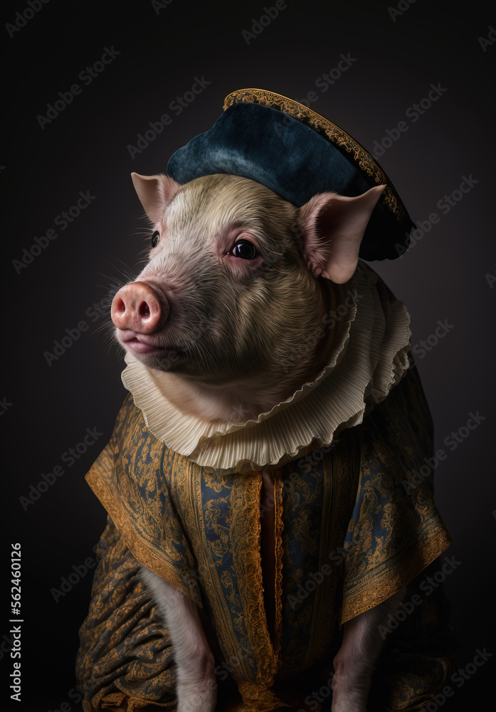 Pig dressed up in historical costume against dark background ...