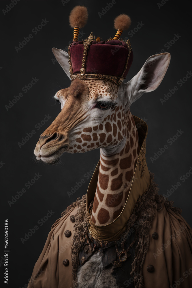 Giraffe dressed up in historical costume against dark background. Generative AI Stock ...