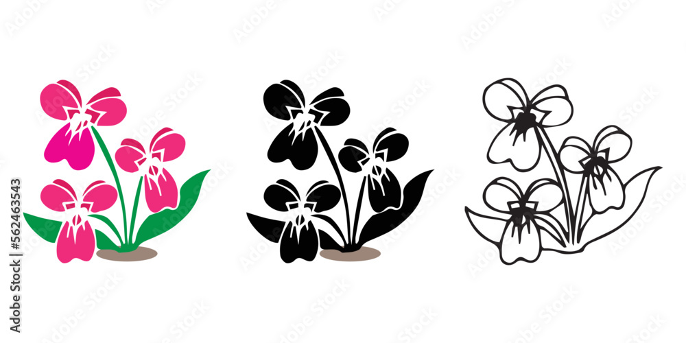 Violets hand drawn illustration. Vector pink and black and outline work ...