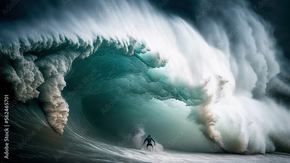 A man, a surfer in front of a giant wave. The concept of the power of ...