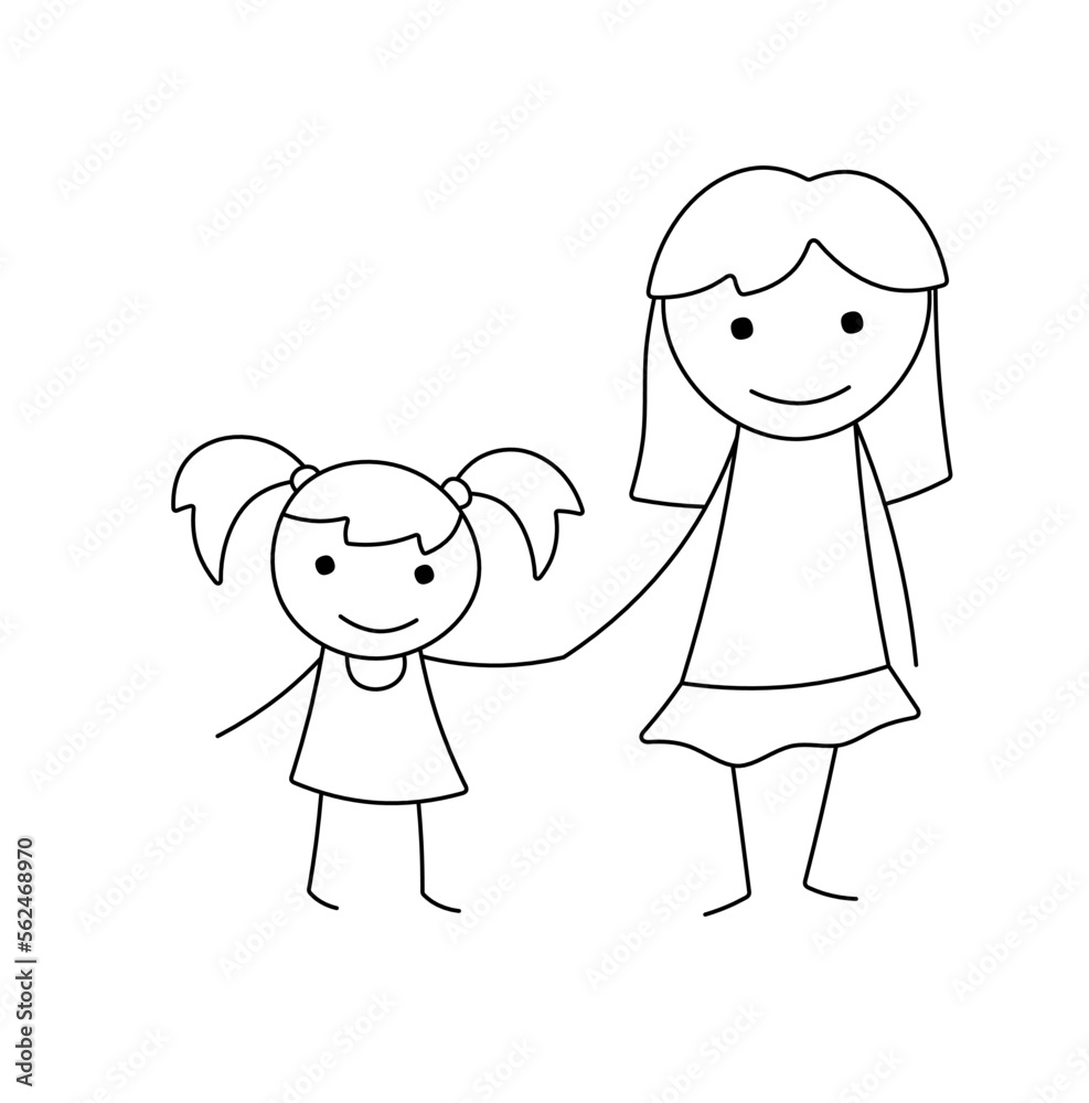 Vector isolated two cute cartoon doodle stick figure girls holding ...