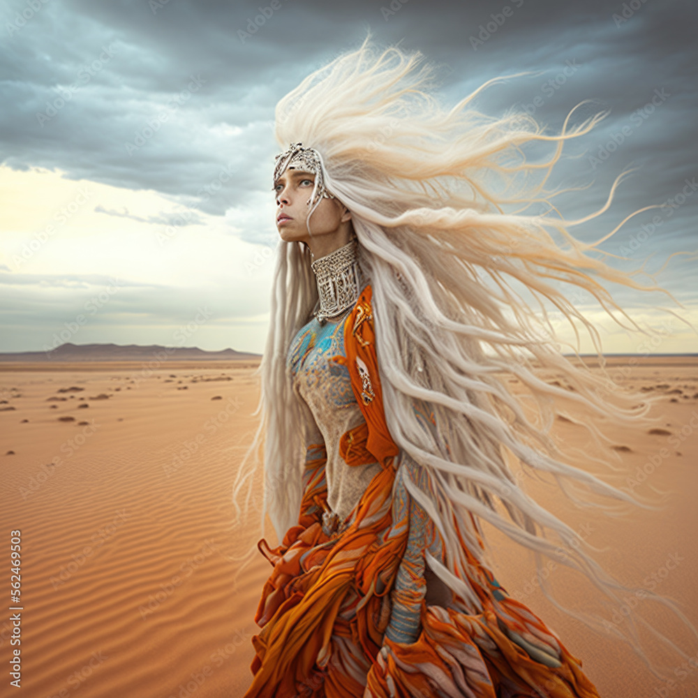 Portrait of futuristic post apocalyptic hermaphrodite in the desert ...