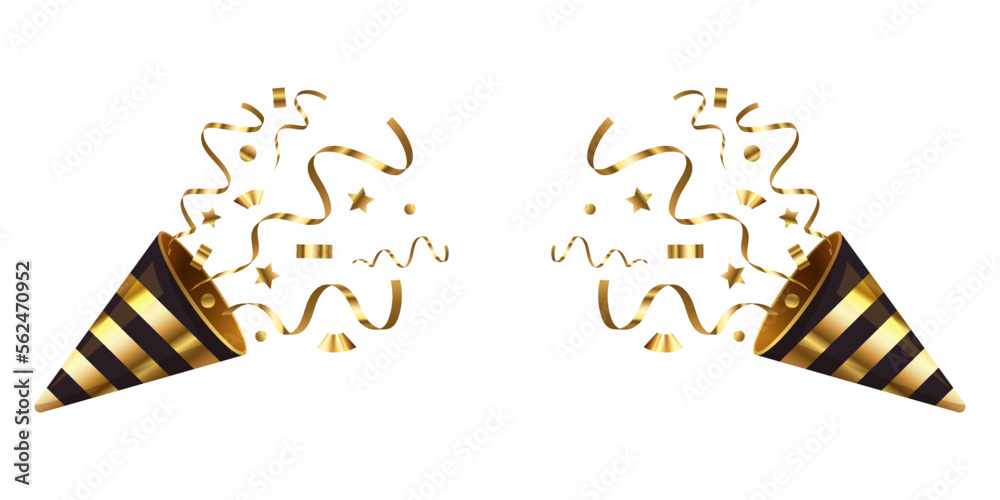 Exploding black gold party popper with confetti and ribbon banner Stock ...