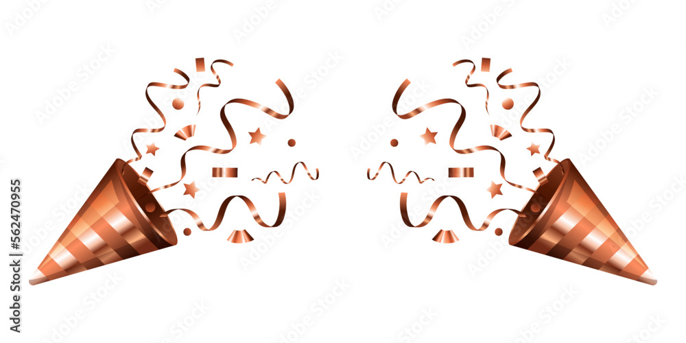 Exploding bronze gold party popper with confetti and ribbon banner ...