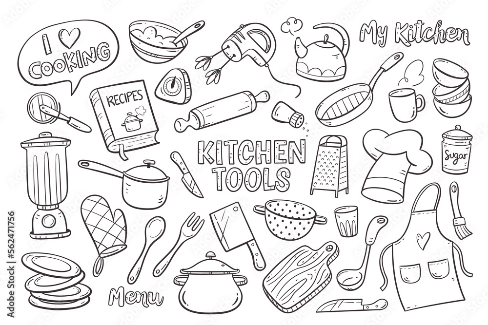 Doodle kitchen tools and appliances. Cute illustration with isolated ...