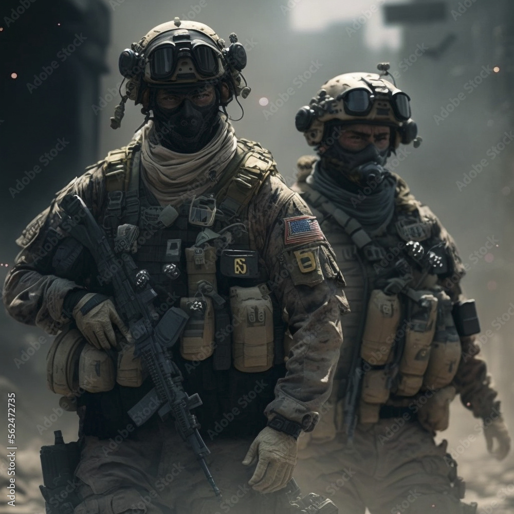 Special Forces Military Unit in Full Tactical Gear, Wartime, Looking at ...