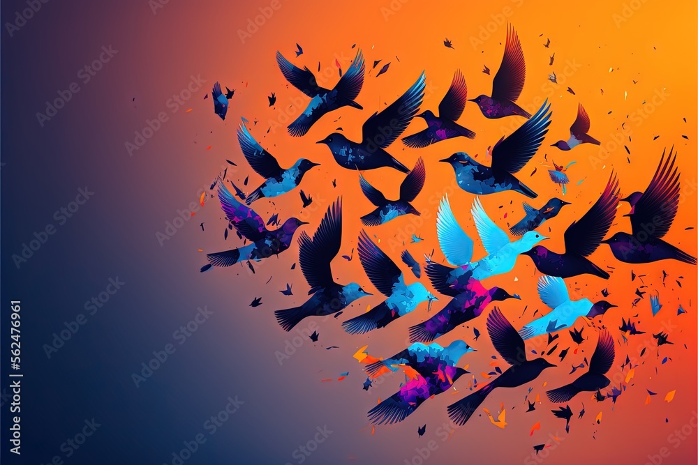 a flock of birds flying through the air with a bright background behind ...