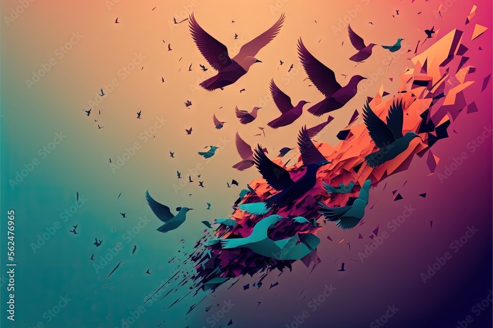 a flock of birds flying through a colorful sky with a rainbow ...