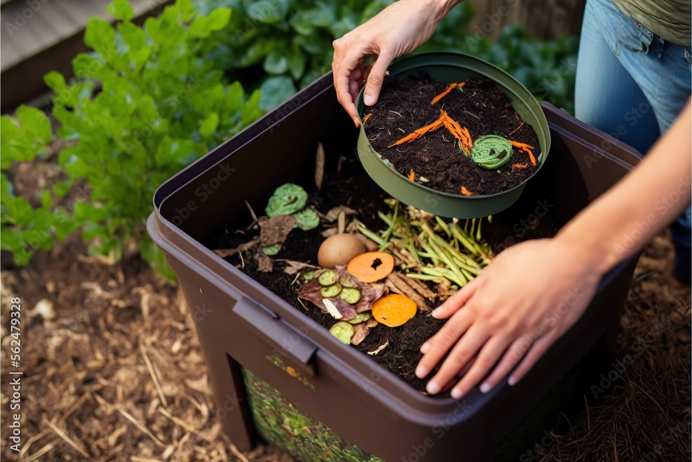 Person using a compost bin to reduce waste, created with Generative AI ...