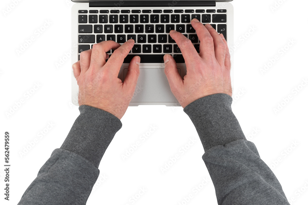 top down view of person typing on laptop computer, transparent ...
