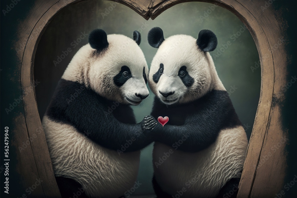 two panda bears are standing next to each other with their arms around ...