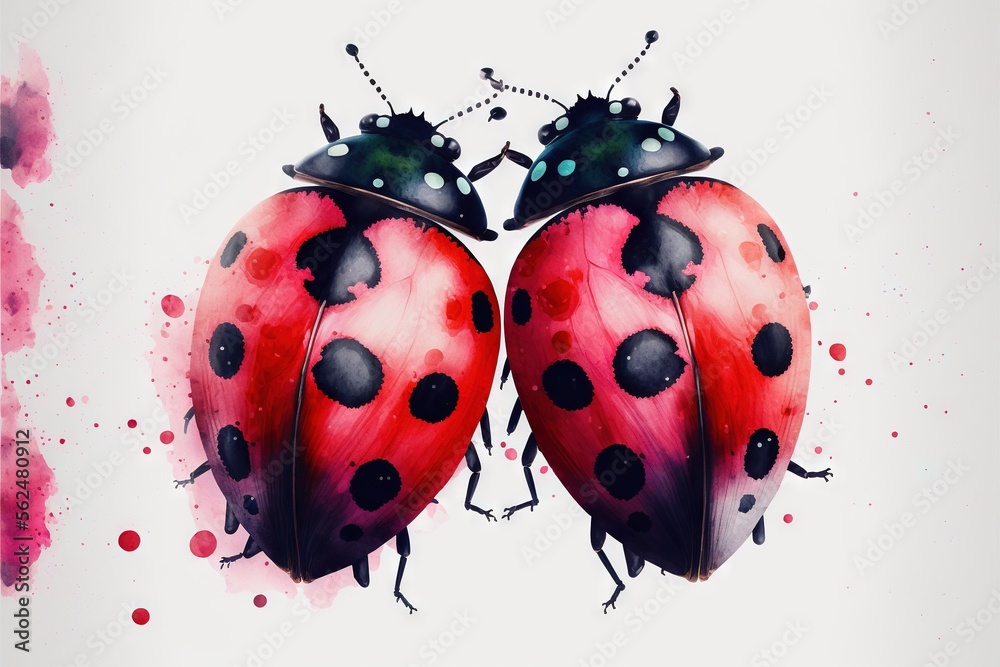 two ladybugs are standing on a white surface with red spots on them and ...