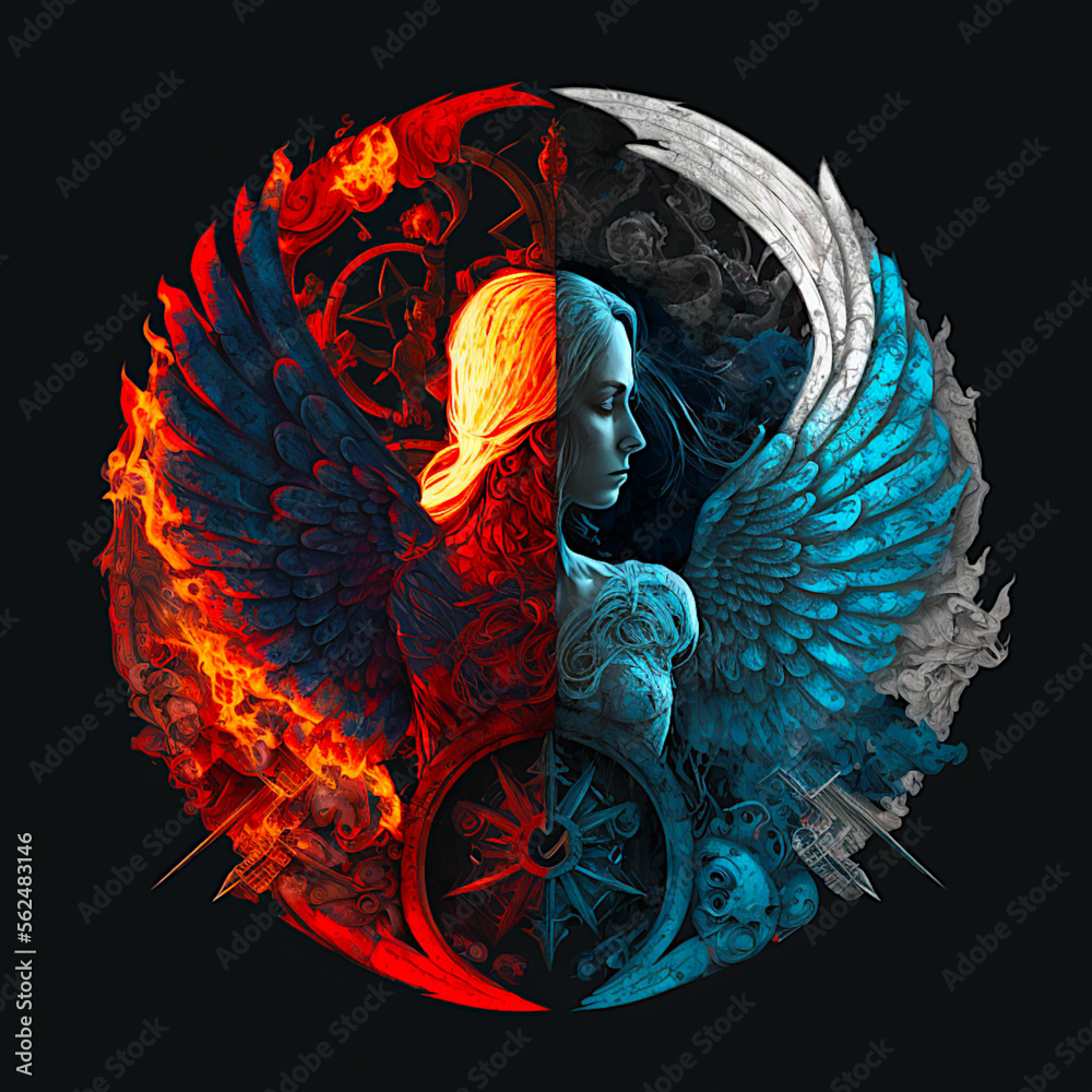 Yin yang design with devil and angel. Concept of duality, oposition. Ai ...