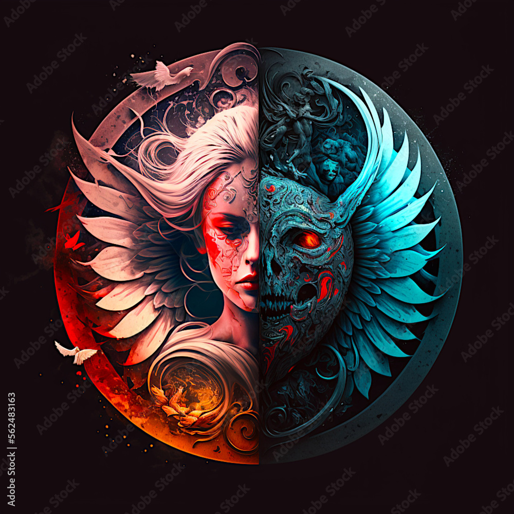 Yin yang design with devil and angel. Concept of duality, oposition. Ai ...