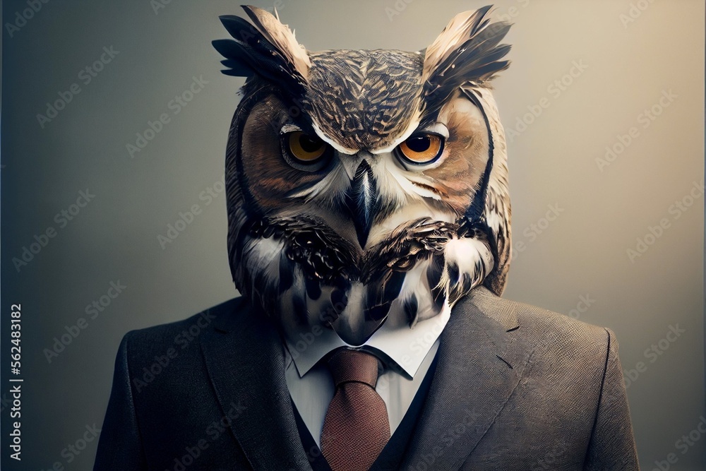 Isolated portrait of an owl in a man's body wearing a suit and tie ...