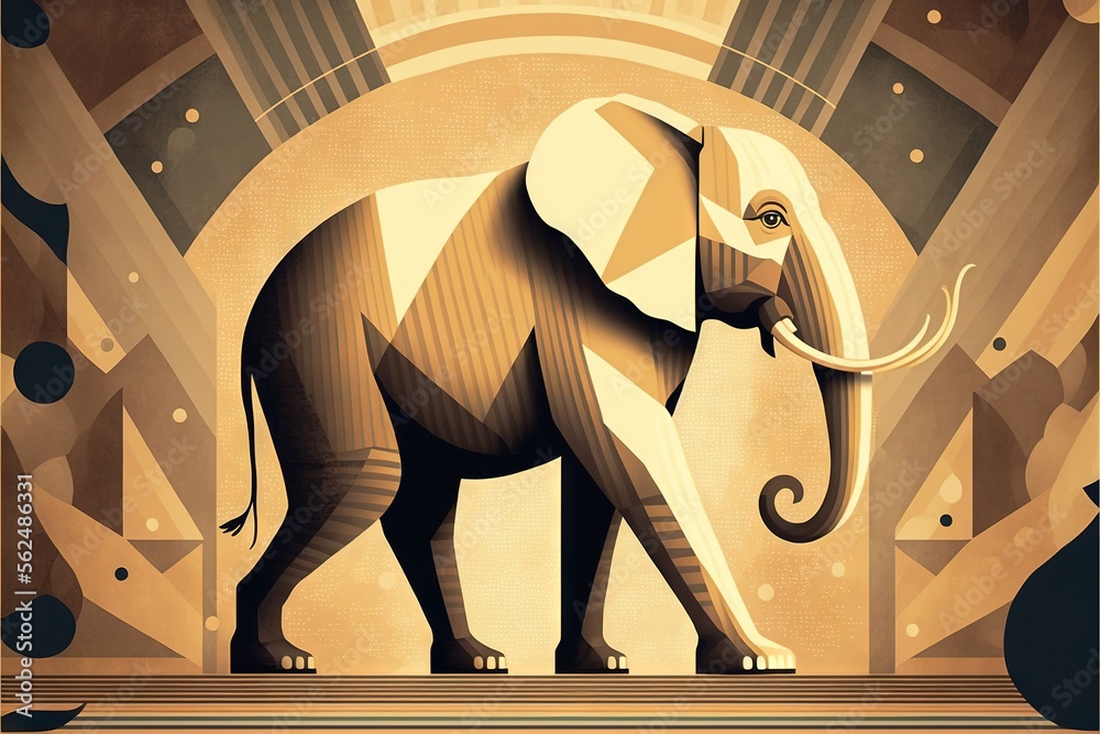 a stylized elephant is shown in a retro style with a gold background ...