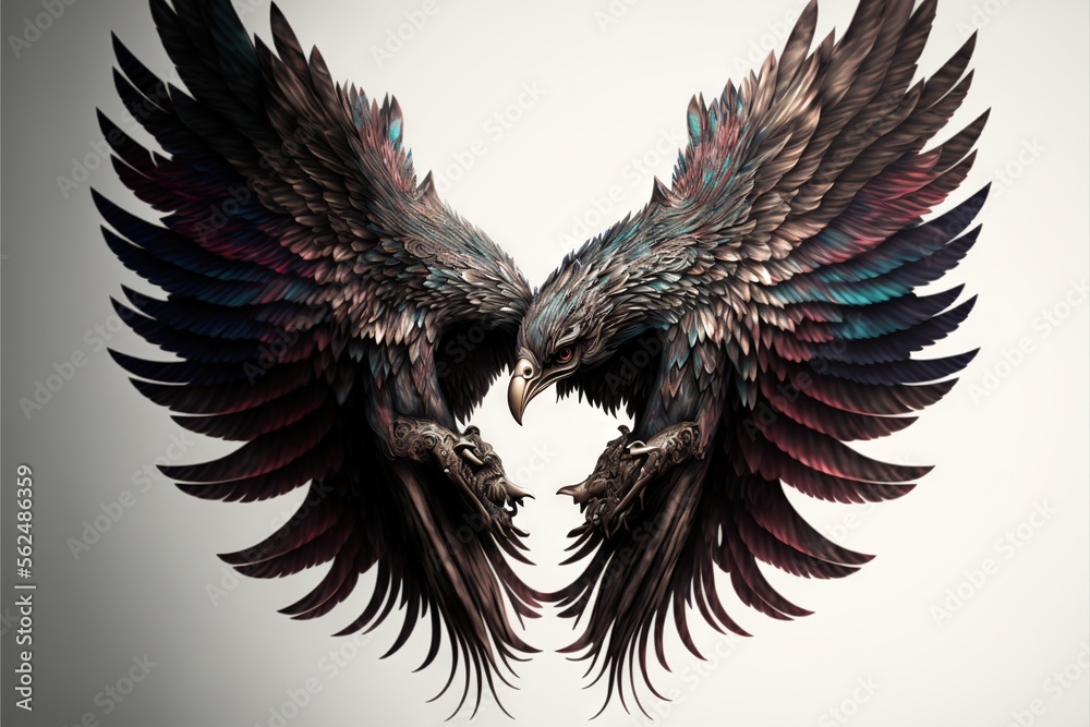two large birds with wings spread out in the air together, with one ...