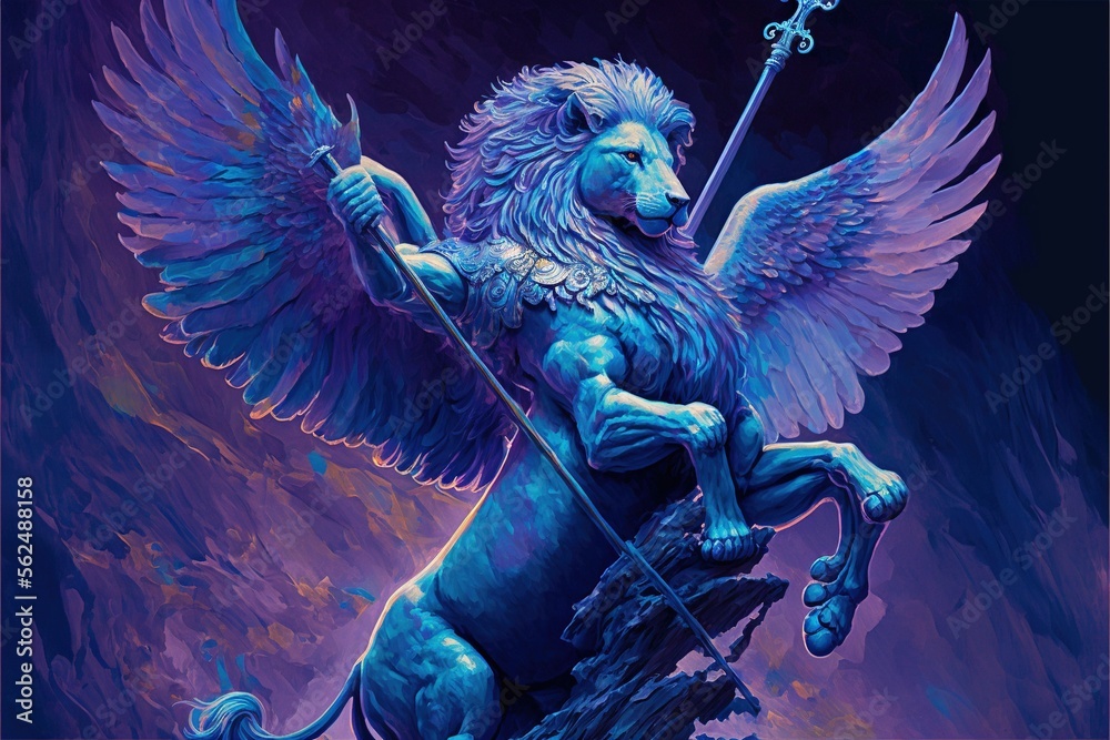 Ilustração do Stock: a painting of a lion with a staff and a sword on a ...