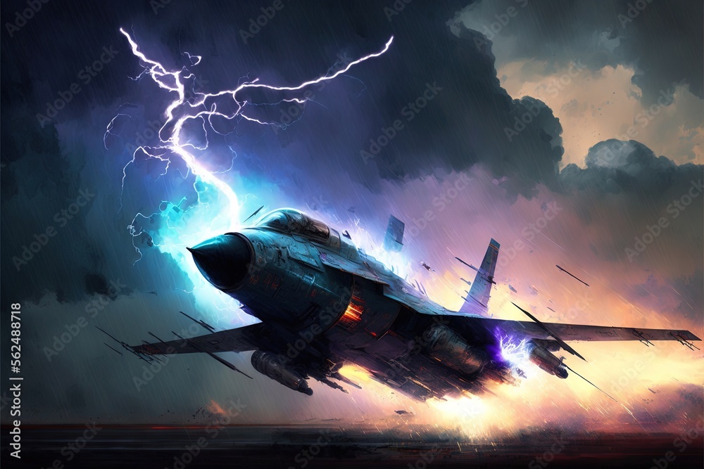 a fighter jet flying through a cloudy sky under a lightning bolt in the ...