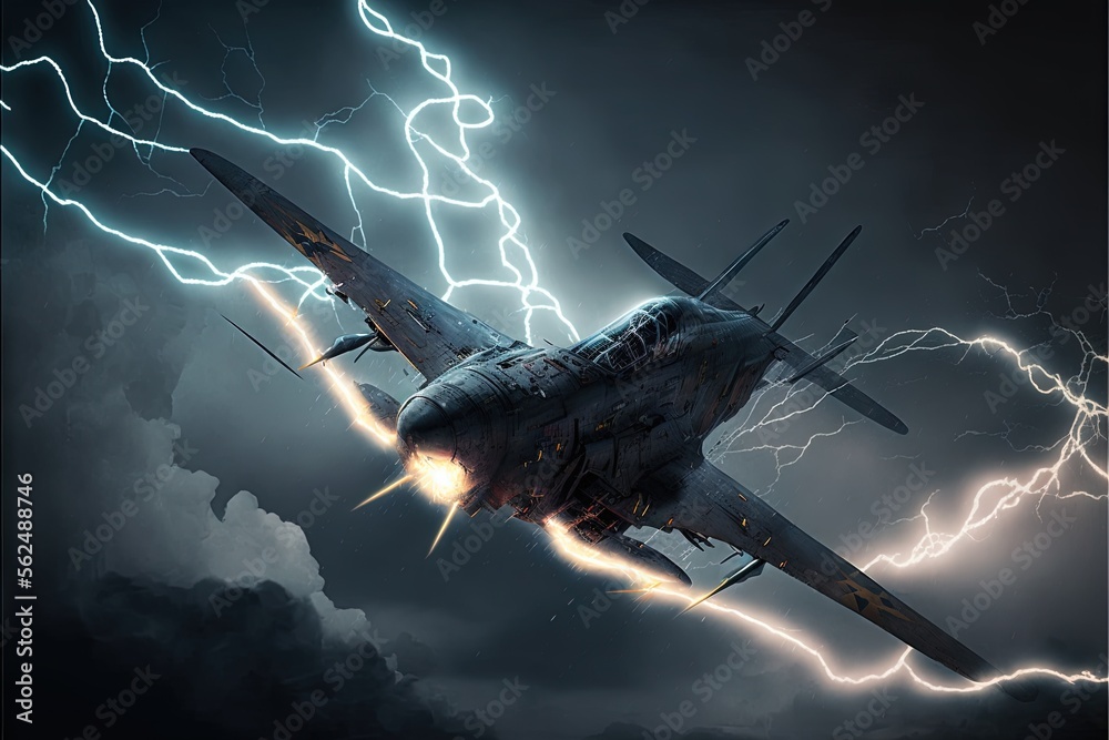 a fighter jet flying through a cloudy sky with lightning bolting behind ...