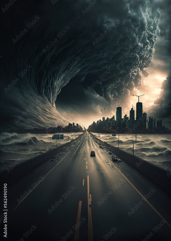 Giant tidal wave falling over a futuristic skyline. Stormy post ...
