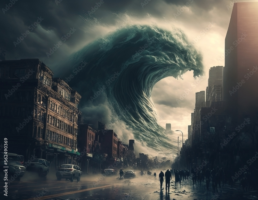 Water destruction. Stormy post apocalypse city. End of the world. City ...