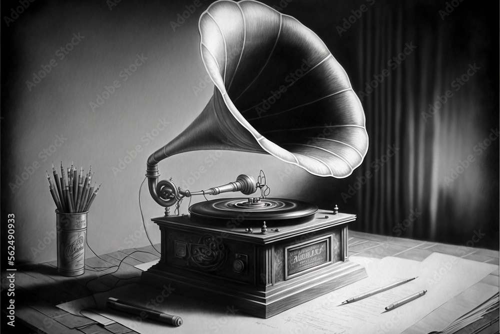 a drawing of a record player and a pencil drawing of a pencil drawing ...