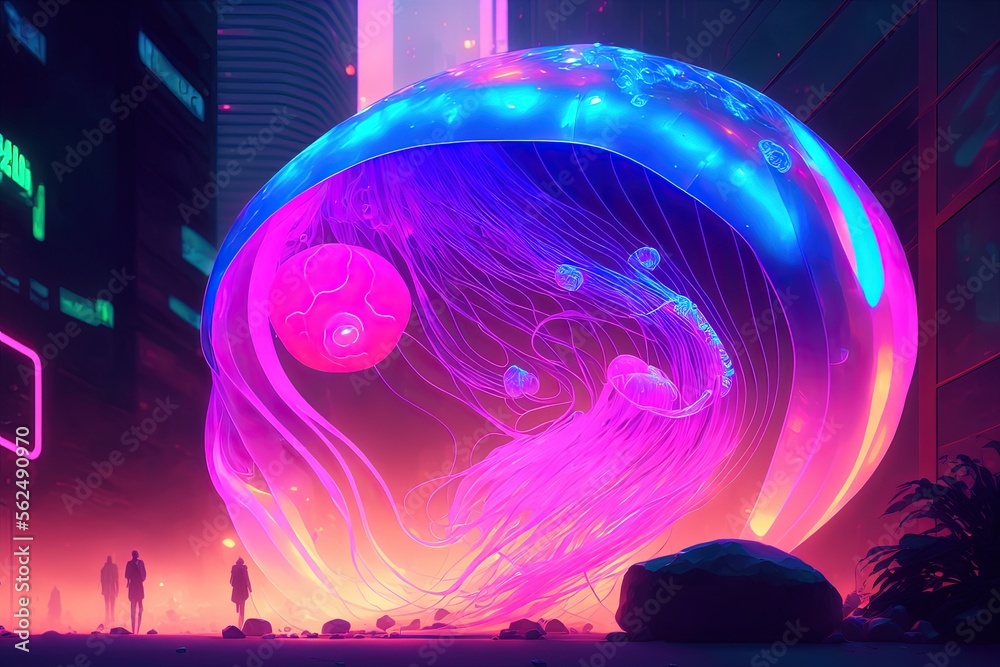 flying glowing jelly fish in a futuristic city at night in synth-wave ...
