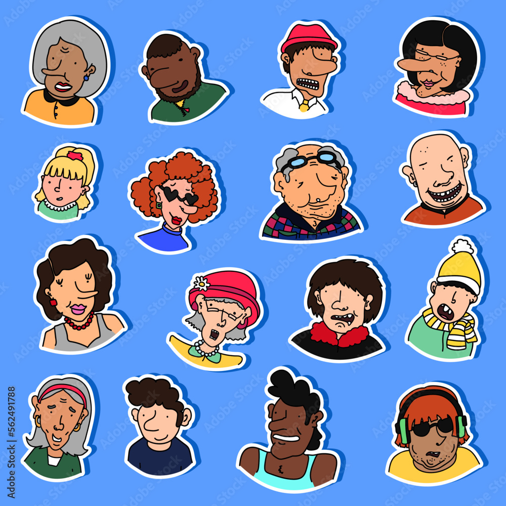 Collection of various hand drawn doodle stickers with people - children ...