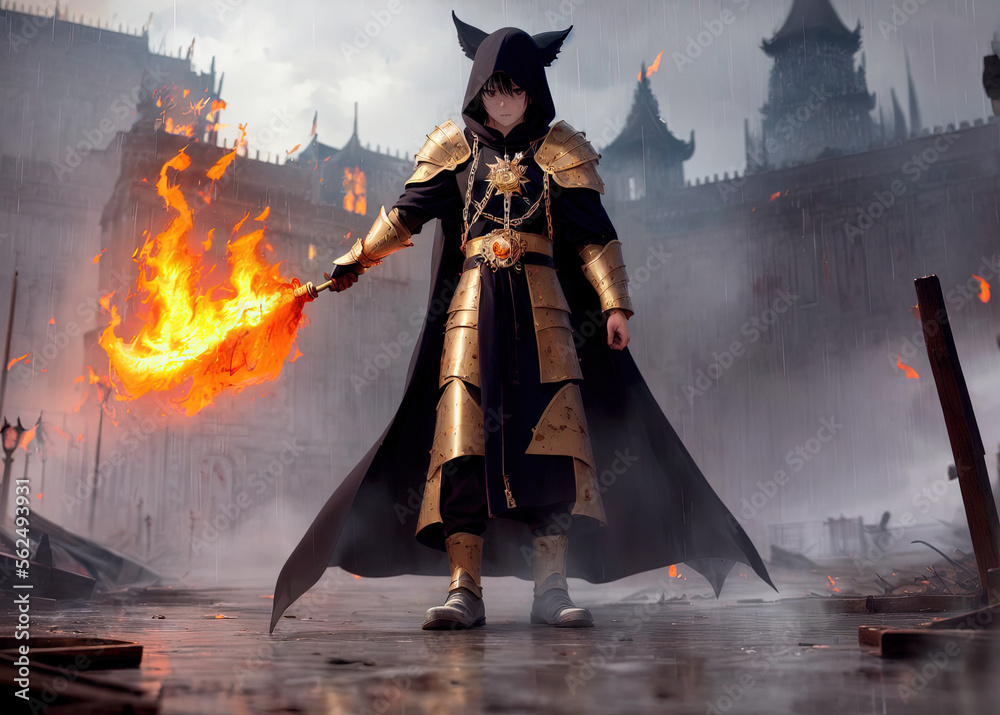 anime inspired cat ear hero with armor with a sword of fire Stock ...