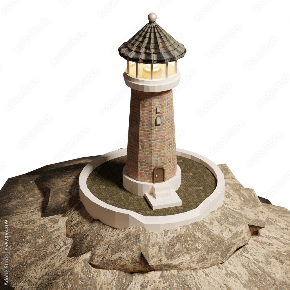 3D rendering of realistic lighthouse on rock with burning searchlight ...
