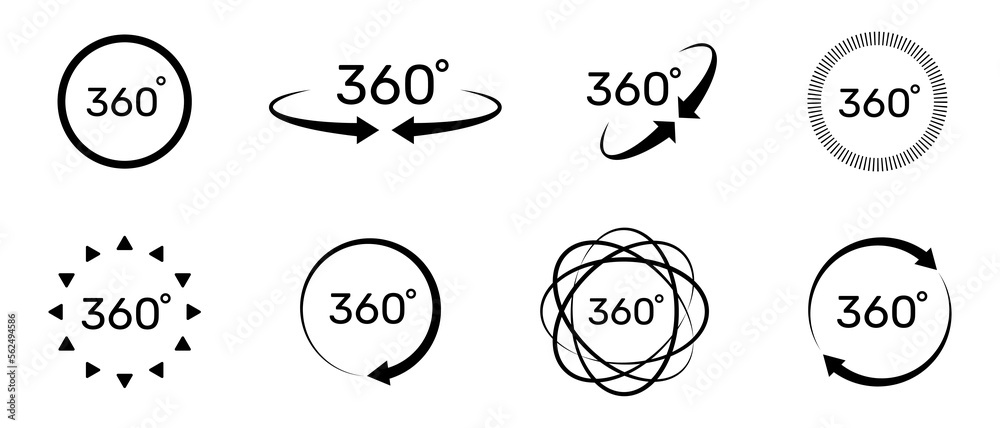 360 degree icon set. Symbol with arrow to indicate the rotation ...