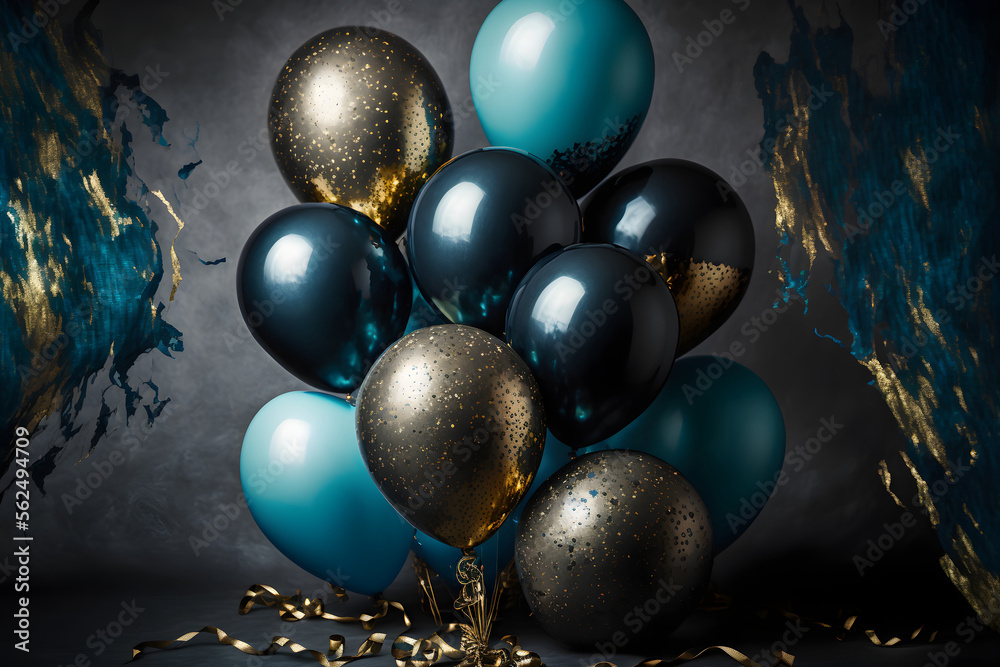 Dark background with blue and gold balloons. Generative AI. Stock ...