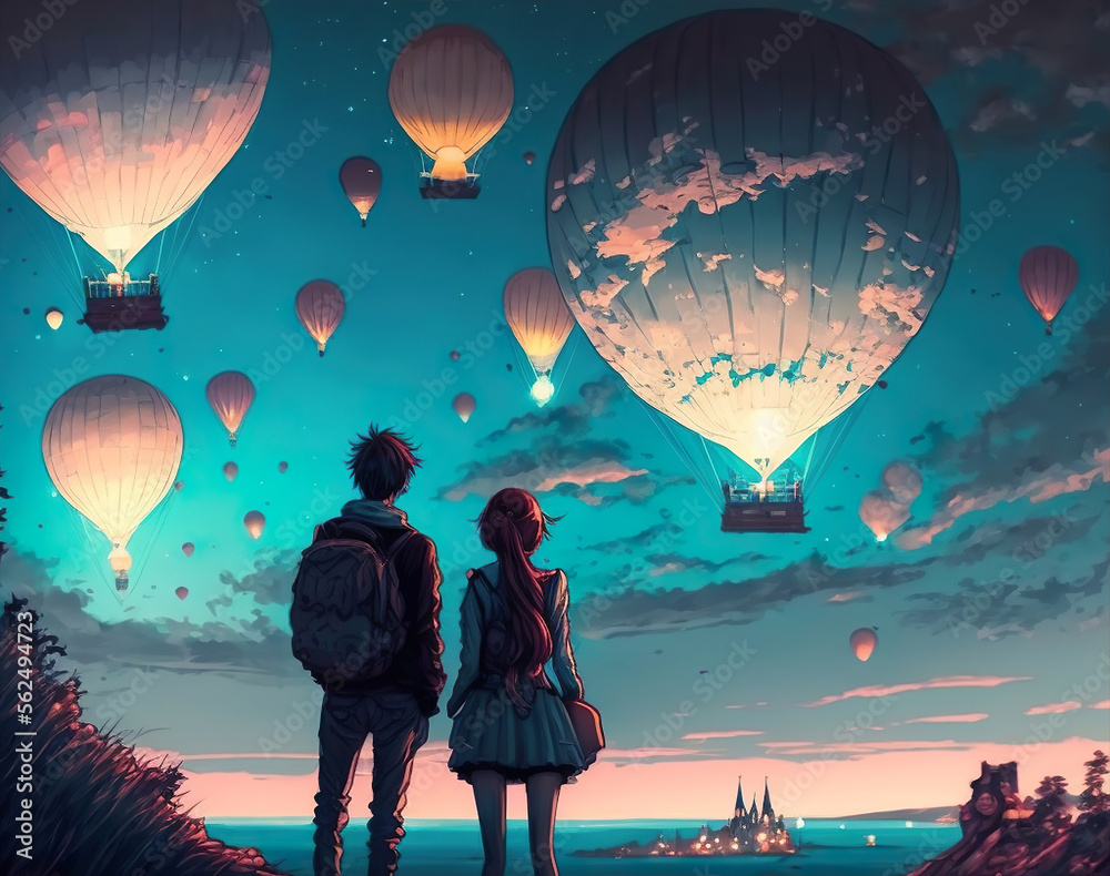 anime couple watching the air balloons at night Stock Illustration ...