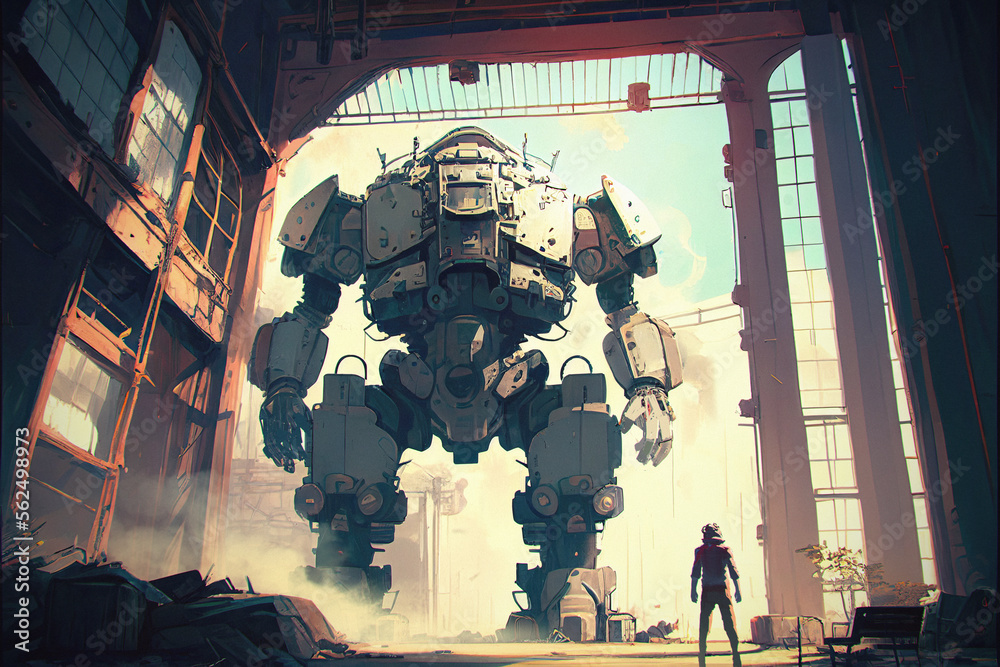 The robot standing in front of the old factory, digital art style ...