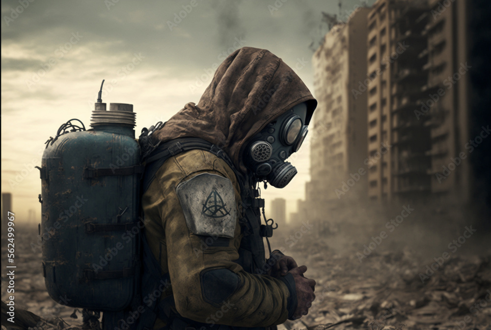 Soldier wearing gas mask in post-apocalyptic city ruins and battlefield ...
