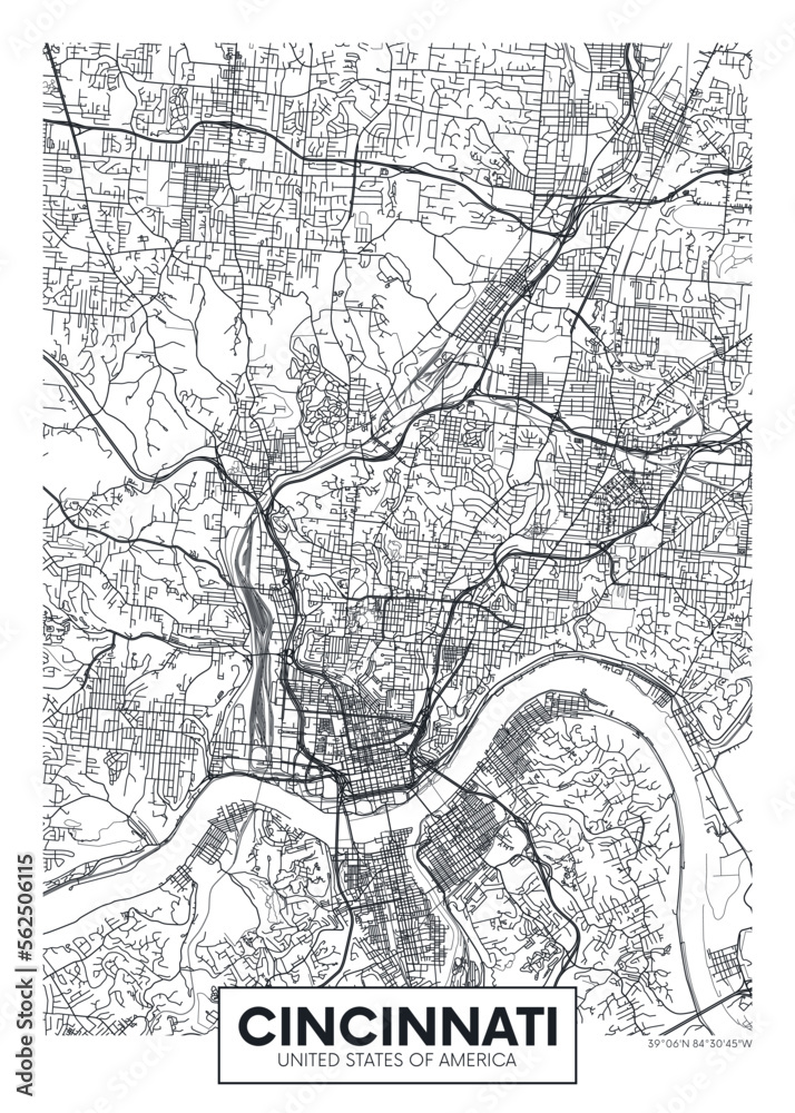 City map Cincinnati, urban planning travel vector poster design Stock ...