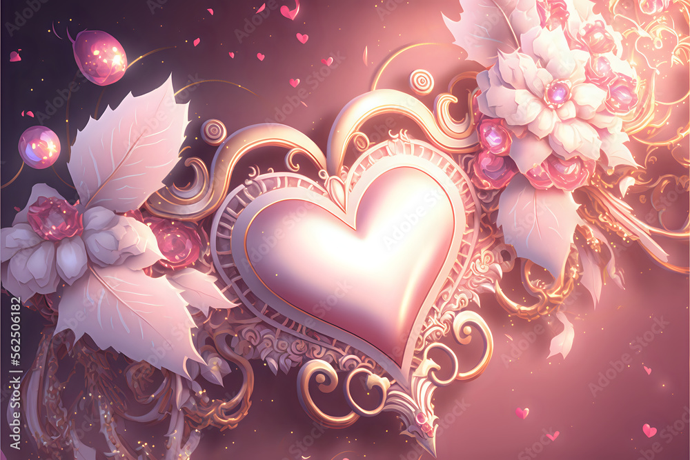 Valentine's Day banner pink metallic love heart card. flower and fruit ...