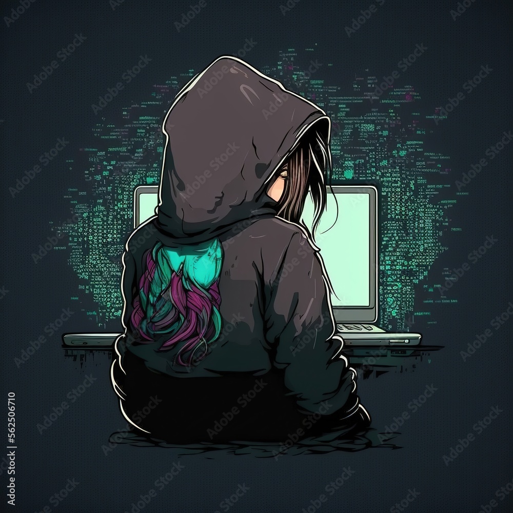 Cute girl hacker with laptop. Avatar in cartoon style. Balck backdrop ...