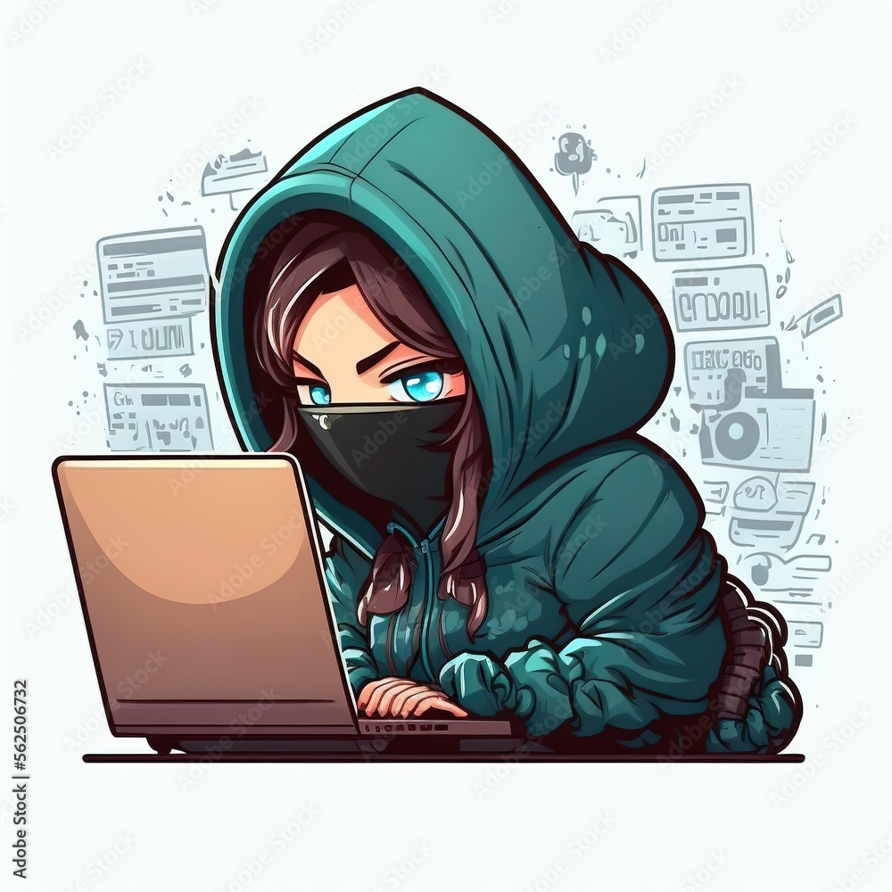 Cute girl hacker with laptop. Avatar in cartoon style. Generative Ai ...