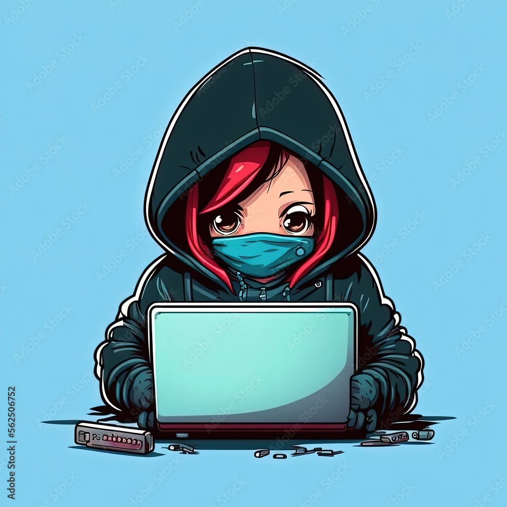 Cute girl hacker with laptop. Avatar in cartoon style. Generative Ai ...