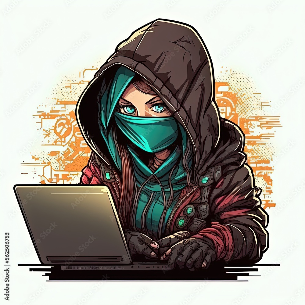 Cute girl hacker with laptop. Avatar in cartoon style. Generative Ai ...