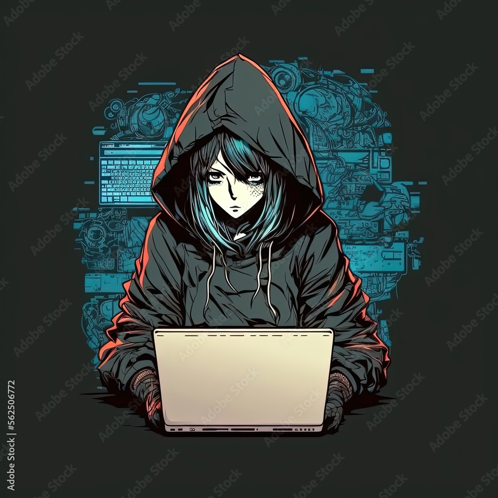 Cute girl hacker with laptop. Avatar in cartoon style. Balck backdrop ...