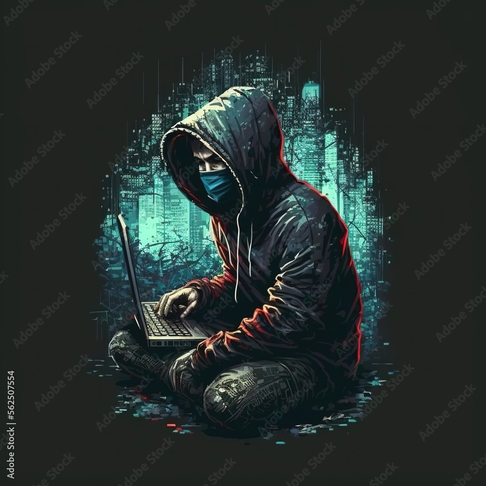 Hooded hacker with laptop at work. Symbol of the darknet and illegal ...