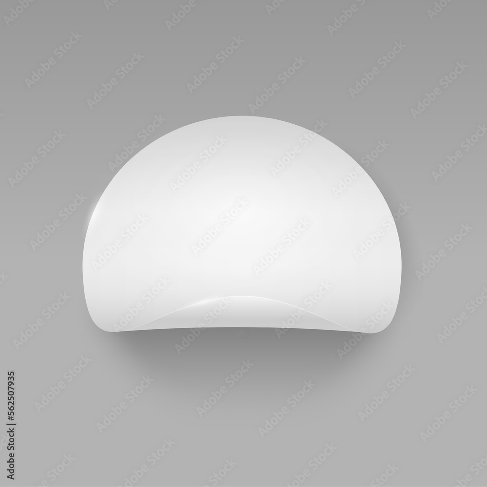 Paper round sticker with a curved bottom corner on a gray background. A ...